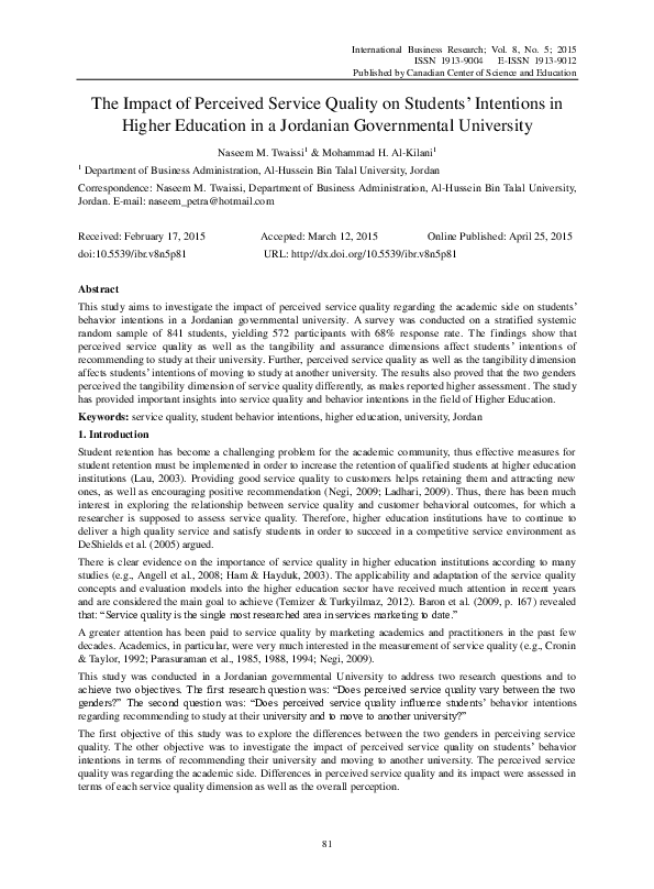 (PDF) The Impact of Perceived Service Quality on Students’ Intentions in Higher Education in a ...