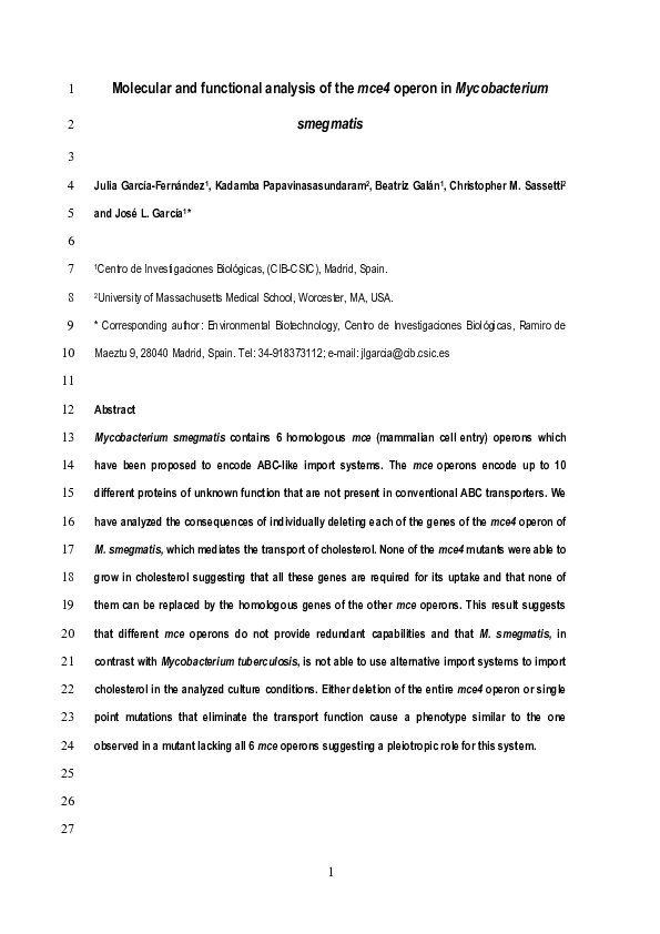 (PDF) Molecular and functional analysis of the mce4 operon in ...
