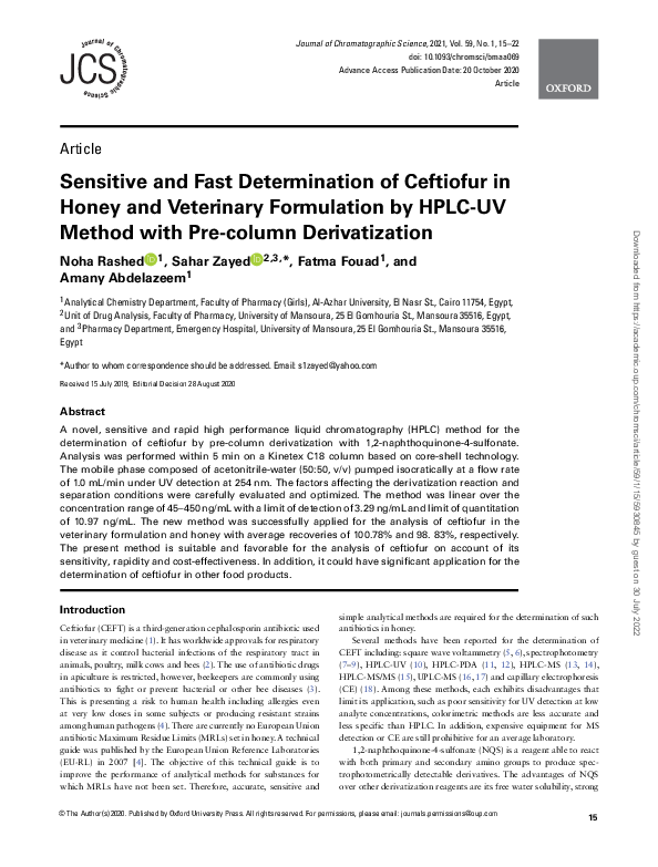 Pdf Sensitive And Fast Determination Of Ceftiofur In Honey And Veterinary Formulation By Hplc