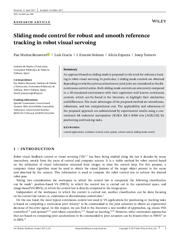 Pdf Sliding Mode Control For Robust And Smooth Reference Tracking In Robot Visual Servoing