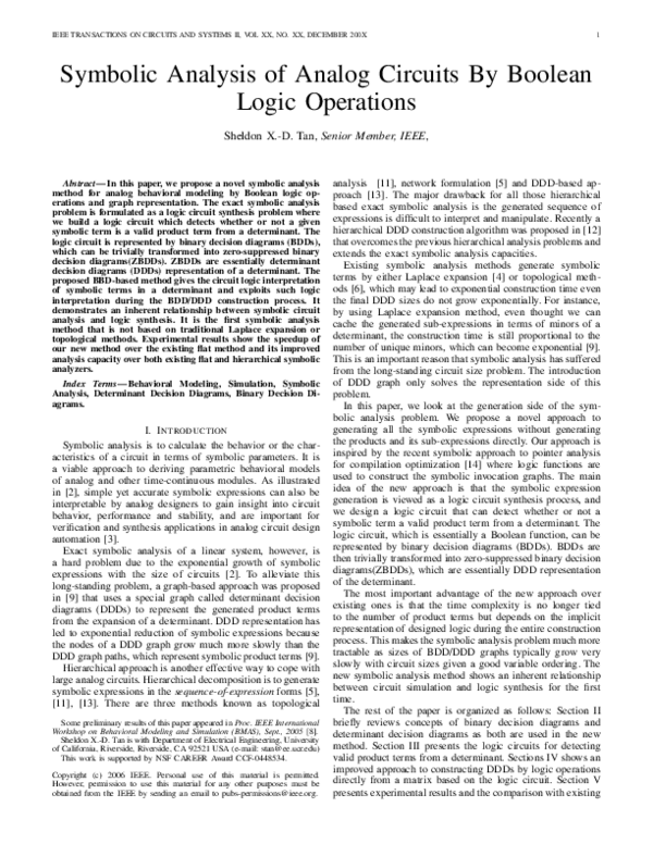 Pdf Symbolic Analysis Of Analog Circuits By Boolean Logic Operations