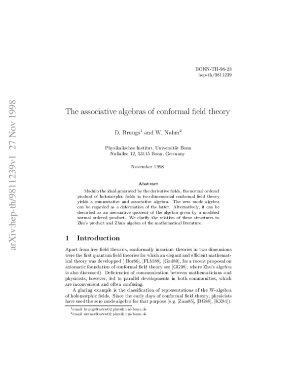 Pdf The Associative Algebras Of Conformal Field Theory