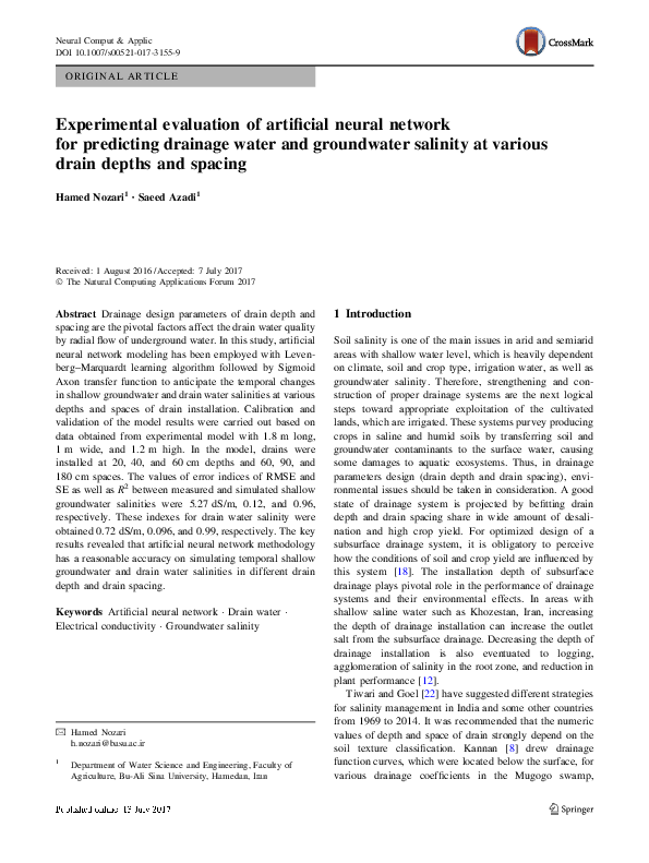 (PDF) Experimental evaluation of artificial neural network for predicting drainage water and ...