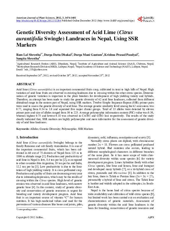 (PDF) Genetic Diversity Assessment of Acid Lime ( Citrus aurantifolia Swingle) Landraces in ...