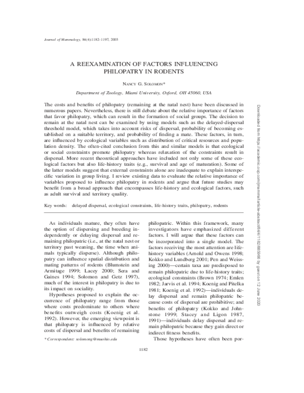 (PDF) A Reexamination of Factors Influencing Philopatry in Rodents
