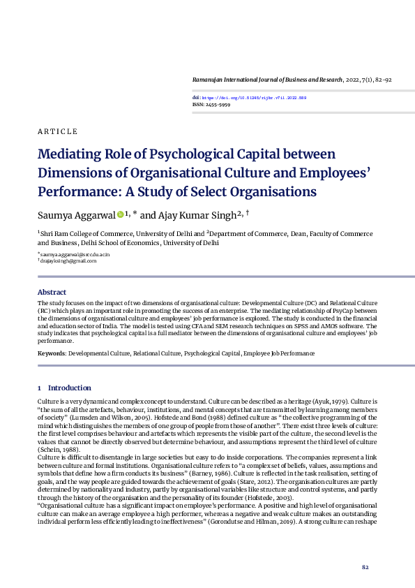 (PDF) Mediating Role of Psychological Capital between Dimensions of Organisational Culture and ...