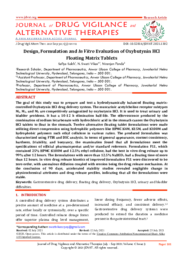 Pdf Design Formulation And In Vitro Evaluation Of Oxybutynin Hcl Floating Matrix Tablets