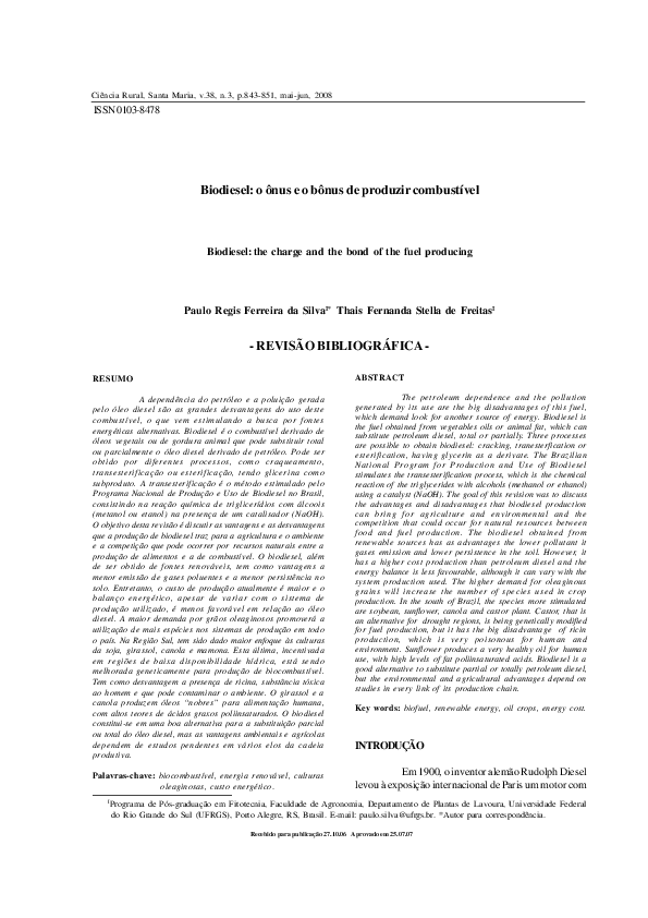 (PDF) Biodiesel: o nus e o b nus de produzir combust vel