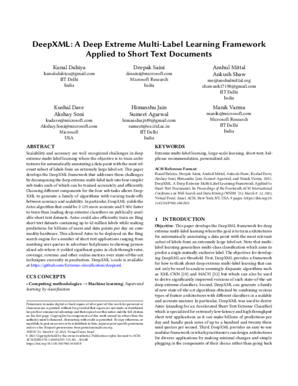 Pdf Deepxml A Deep Extreme Multi Label Learning Framework Applied To Short Text Documents