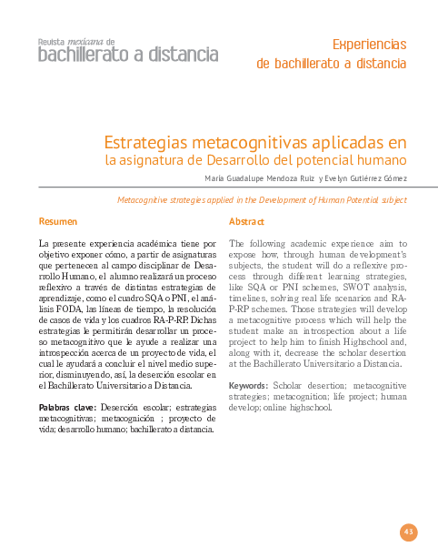 (PDF) Estrategias metacognitivas aplicadas en la asignatura de Desarrollo del potencial humano