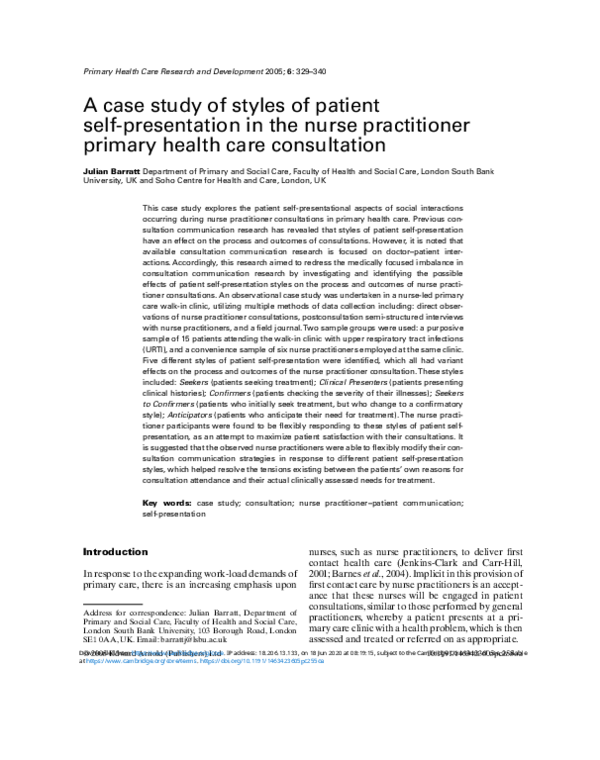 (PDF) A case study of styles of patient self-presentation in the nurse ...