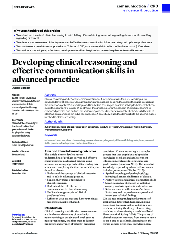 (PDF) Developing clinical reasoning and effective communication skills in advanced practice