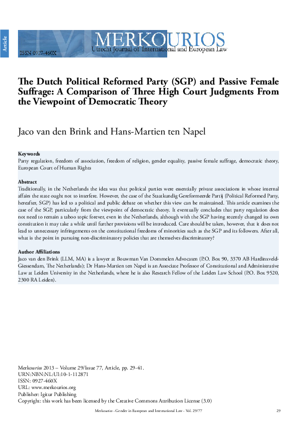(PDF) The Dutch Political Reformed Party (SGP) and Passive Female ...