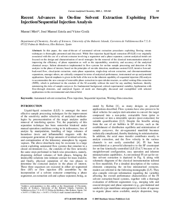 Pdf Recent Advances In On Line Solvent Extraction Exploiting Flow Injectionsequential