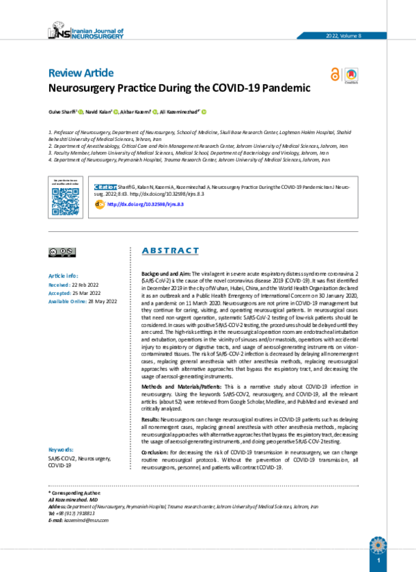 (PDF) Review Article Neurosurgery Practice During the COVID-19 Pandemic
