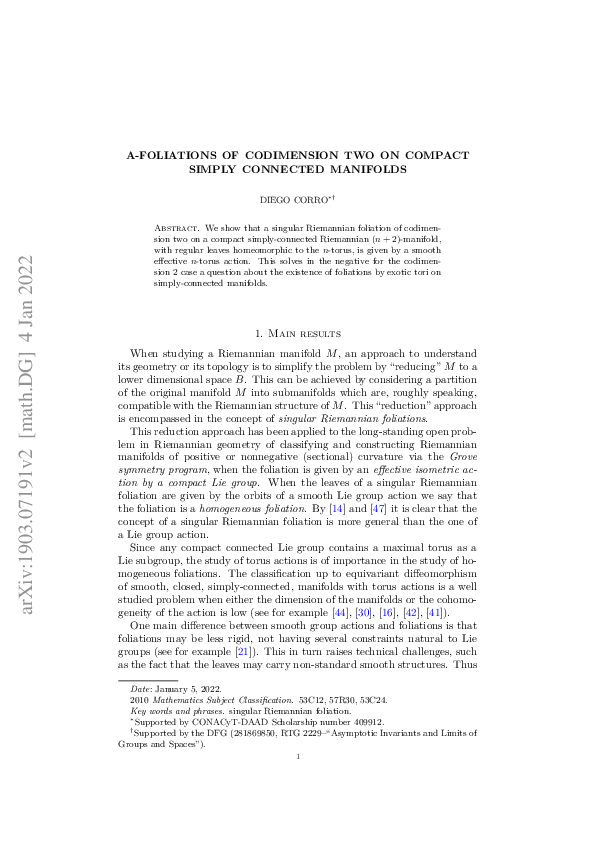(PDF) A-Foliations of codimension two on compact simply-connected manifolds