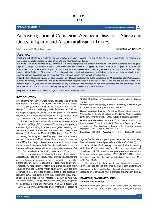 (PDF) An Investigation of Contagious Agalactia Disease of Sheep and ...