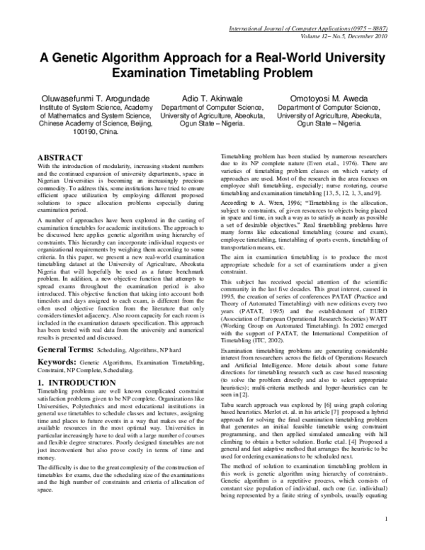 (PDF) A Genetic Algorithm Approach for a Real-World University Examination Timetabling Problem