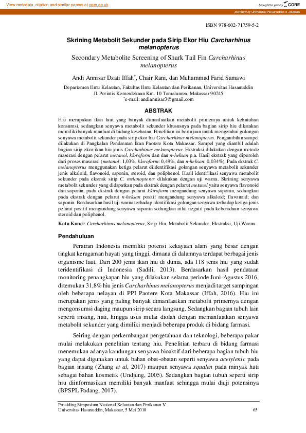 (PDF) Skrining Metabolit Sekunder pada Sirip Ekor Hiu Carcharhinus ...