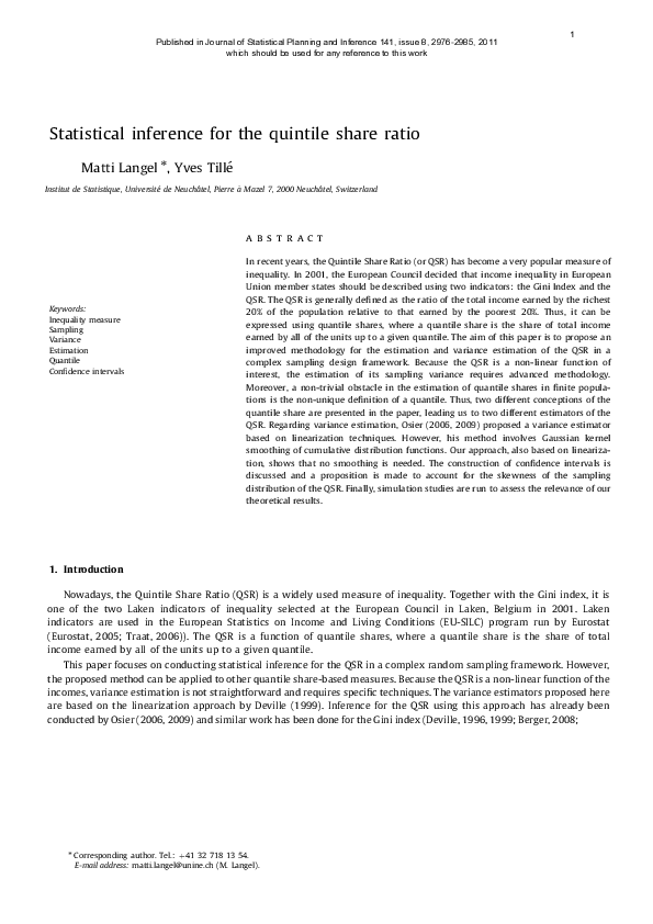 (PDF) Statistical inference for the quintile share ratio | Yves Tille - Academia.edu