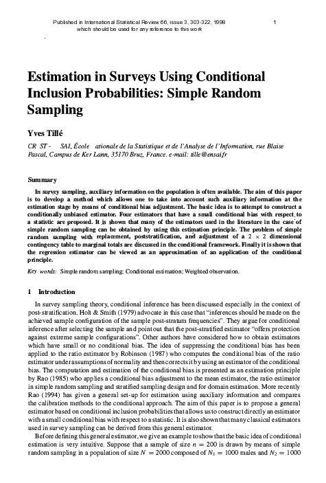 (PDF) Estimation in Surveys Using Conditional Inclusion Probabilities: Simple Random Sampling ...
