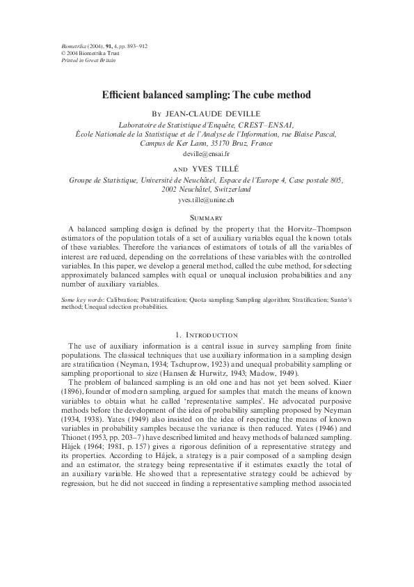 (PDF) Efficient balanced sampling: The cube method