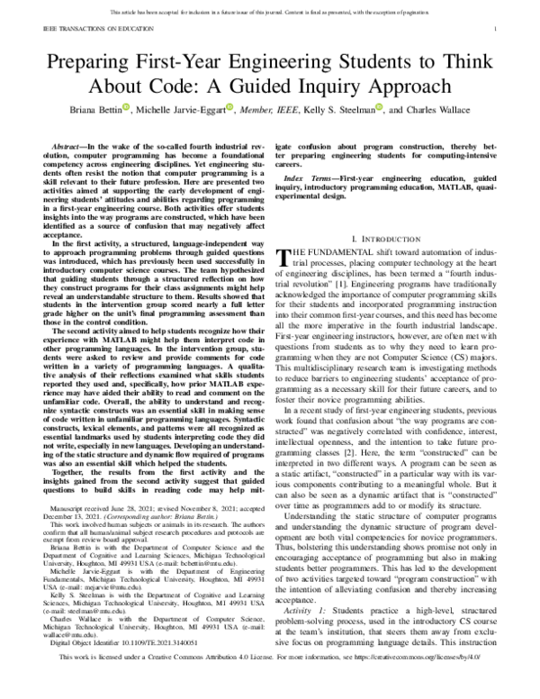 (PDF) Preparing First-Year Engineering Students to Think About Code: A ...