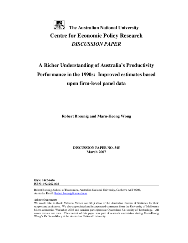 (PDF) A Richer Understanding of Australia's Productivity Performance in the 1990s: Improved ...