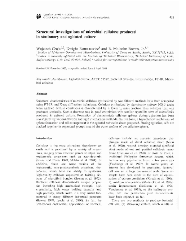 (PDF) Structural investigations of microbial cellulose produced in stationary and agitated culture