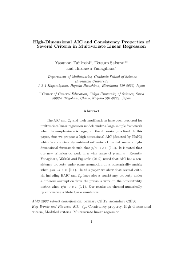 (PDF) High-Dimensional AIC and Consistency Properties of Several Criteria in Multivariate Linear ...