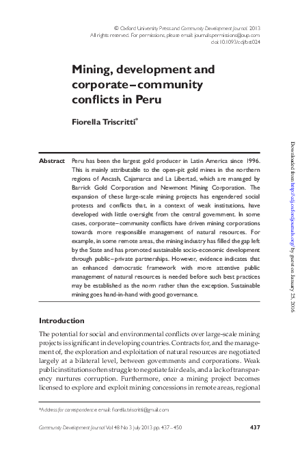 (PDF) Mining, development and corporate-community conflicts in Peru