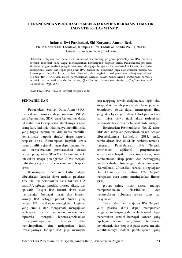 (PDF) Perancangan Program Pembelajaran Ipa Berbasis Tematik Inovatif Kelas VII SMP