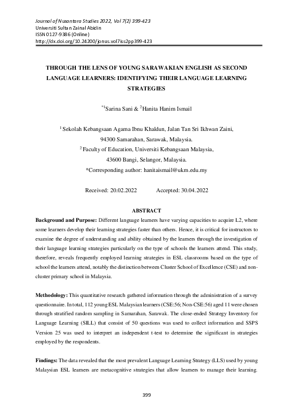 (PDF) Through the Lens of Young Sarawakian English as Second Language Learners: Identifying ...