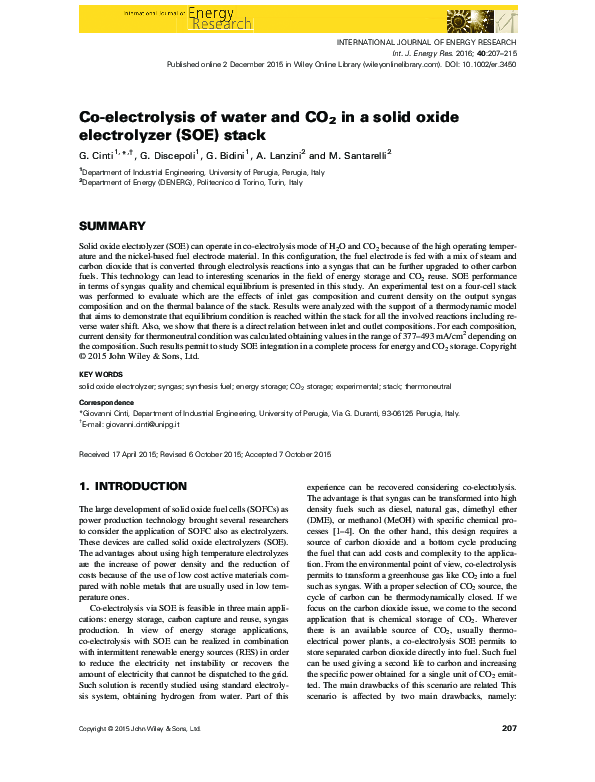 (PDF) Co-electrolysis of water and CO2in a solid oxide electrolyzer ...