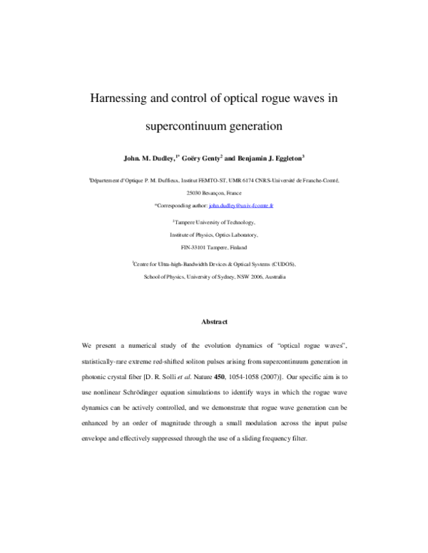 (PDF) Harnessing and control of optical rogue waves in supercontinuum ...