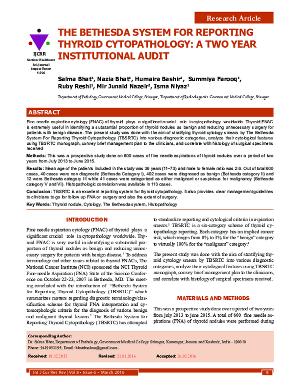 (PDF) The Bethesda System for Reporting Thyroid Cytopathology: A Two ...