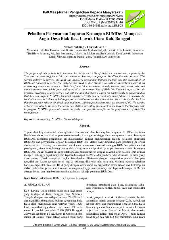 (PDF) Pelatihan Penyusunan Laporan Keuangan BUMDes Momposa Angu Desa Biak Kec. Luwuk Utara Kab ...