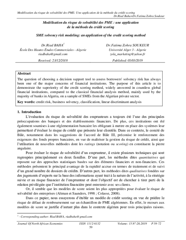 Pdf Modélisation Du Risque De Solvabilité Des Pme Une Application De