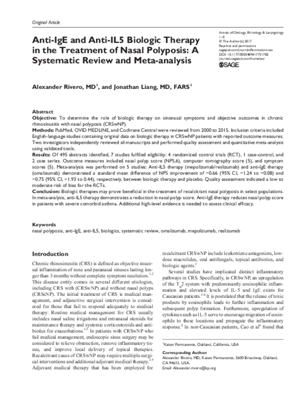 (PDF) Anti-IgE and Anti-IL5 Biologic Therapy in the Treatment of Nasal Polyposis: A Systematic ...