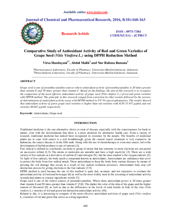 (PDF) Comparative Study of Antioxidant Activity of Red and Green Varieties of Grape Seed ( Vitis ...