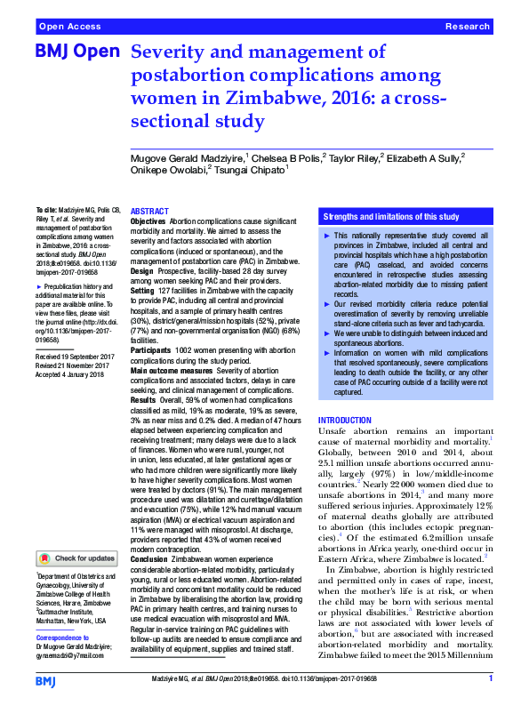 (PDF) Severity and management of postabortion complications among women in Zimbabwe, 2016: a ...