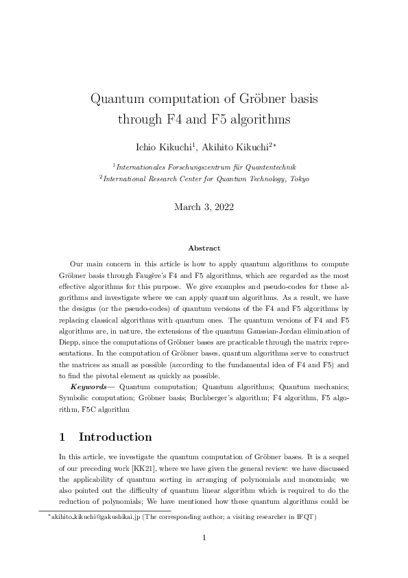 (PDF) Quantum computation of Groebner basis through F4 and F5 algorithms