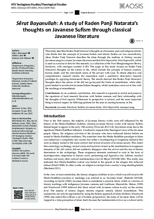 (PDF) Sêrat Bayanullah: A study of Raden Panji Natarata’s thoughts on ...