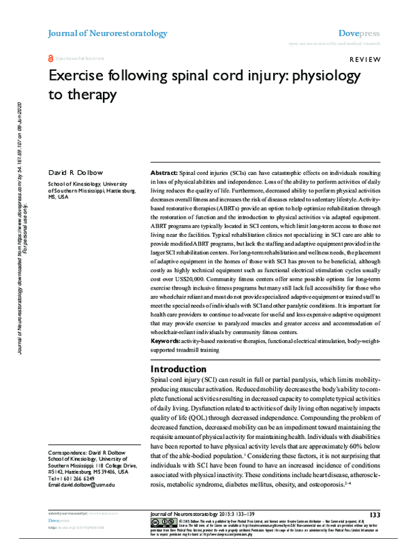 (PDF) Exercise following spinal cord injury: physiology to therapy