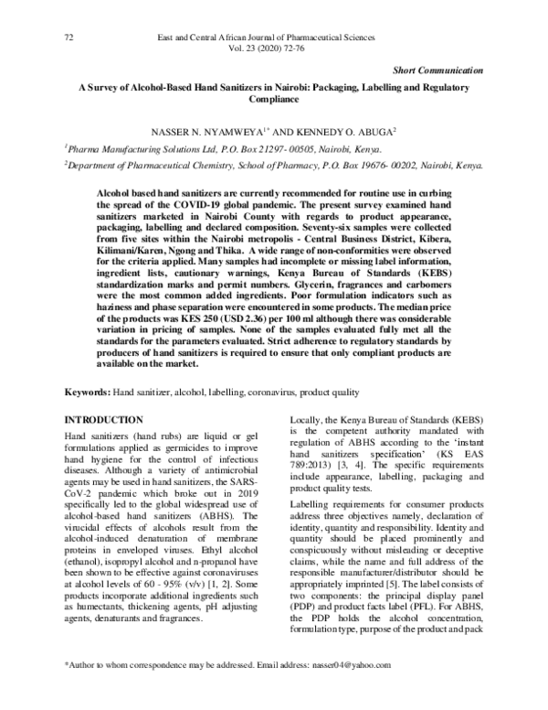 (PDF) A Survey of Alcohol-Based Hand Sanitizers in Nairobi: Packaging ...
