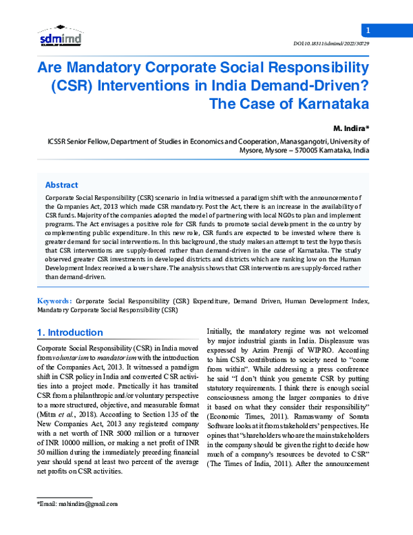 (PDF) Are Mandatory Corporate Social Responsibility (CSR) Interventions ...