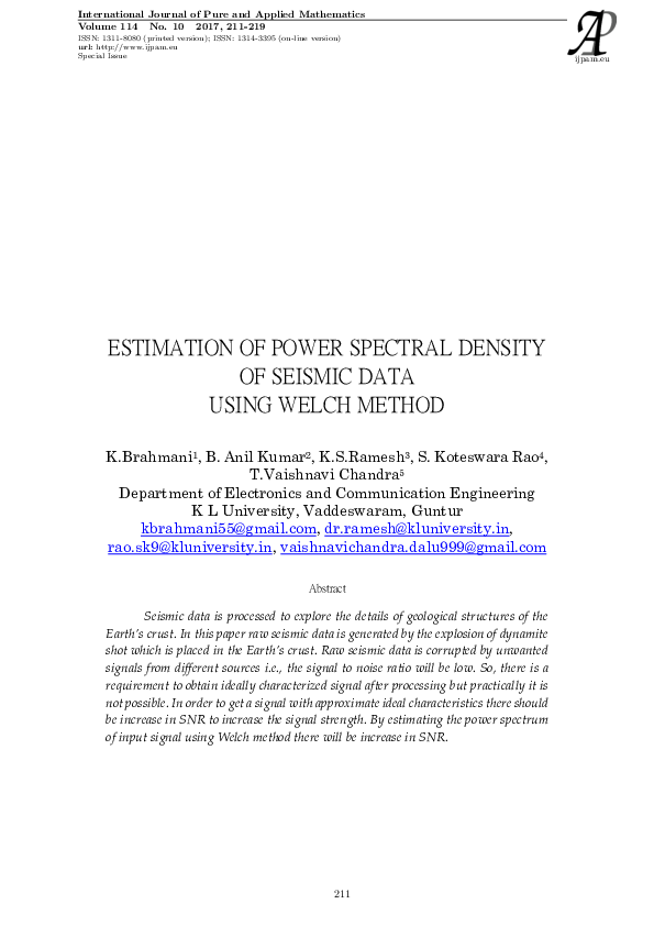 (PDF) Estimation of Power Spectral Density of Seismic Data Using Welch ...