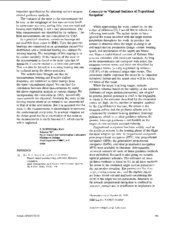 (PDF) Comments on "Optimal guidance of proportional navigation
