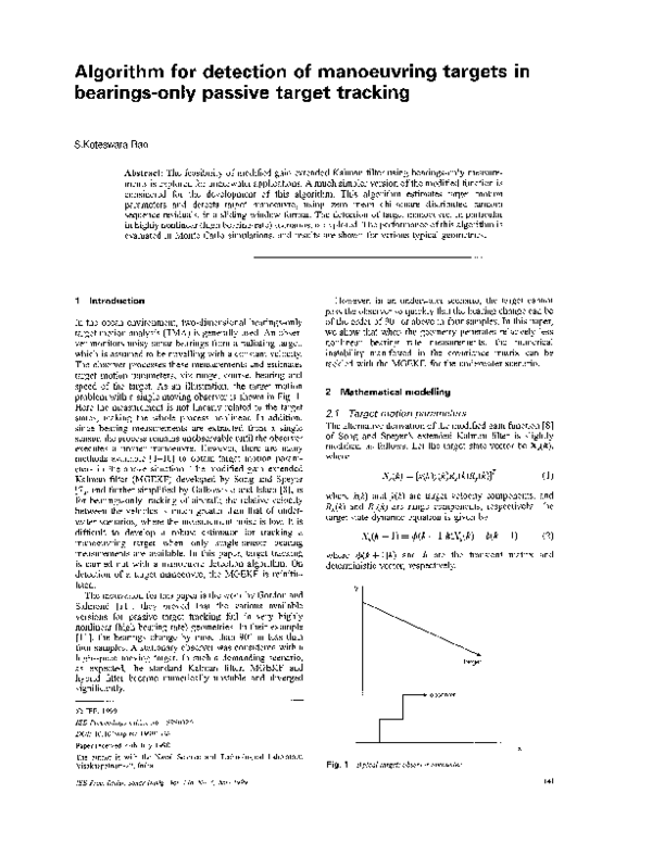 Pdf Algorithm For Detection Of Manoeuvring Targets In Bearings Only Passive Target Tracking 2580