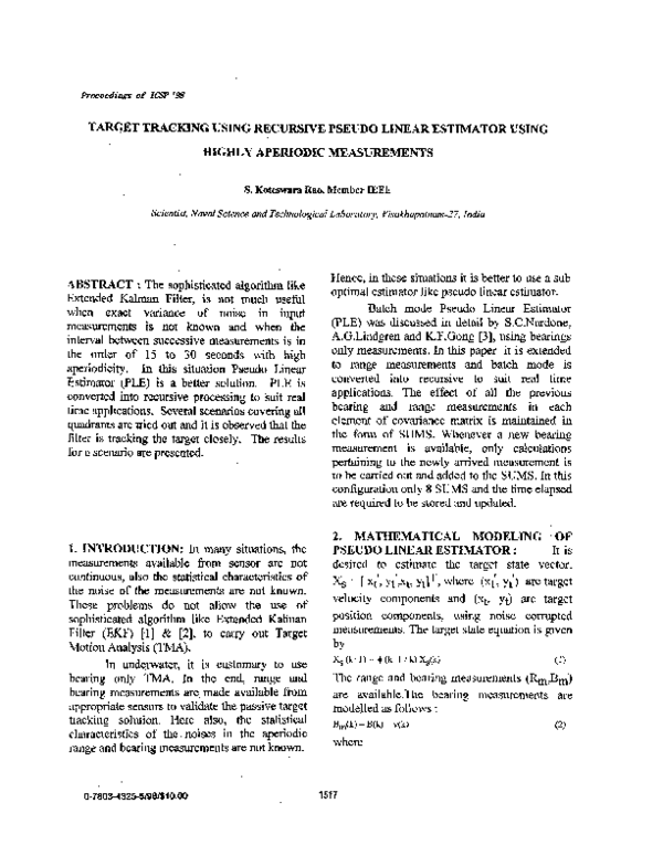 Pdf Target Tracking Using Recursive Pseudo Linear Estimator Using Highly Aperiodic 